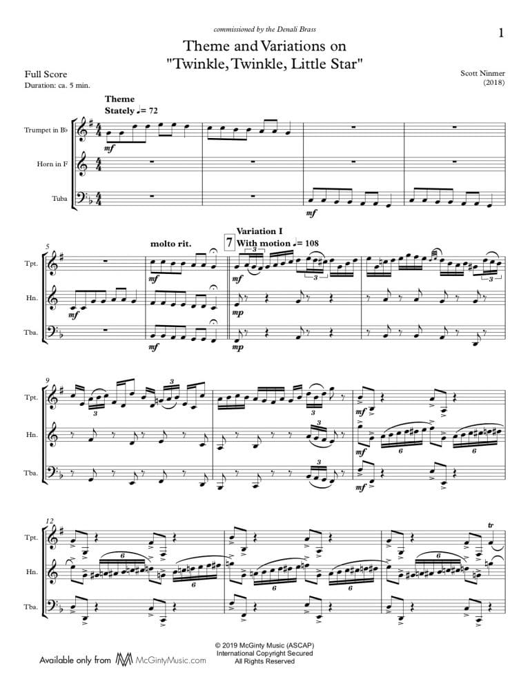 Theme and Variations on Twinkle, Twinkle, Little Star – Brass Trio ...